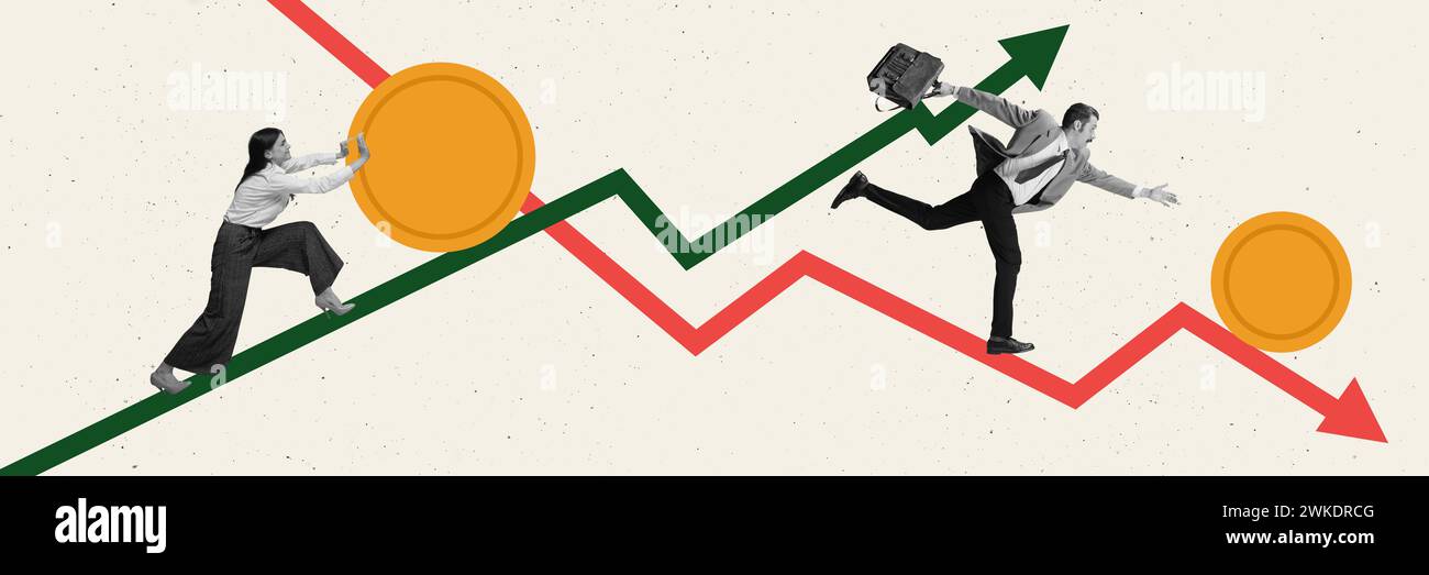 Banner. Increases and decreases. Woman moves her coins go up on chart ...