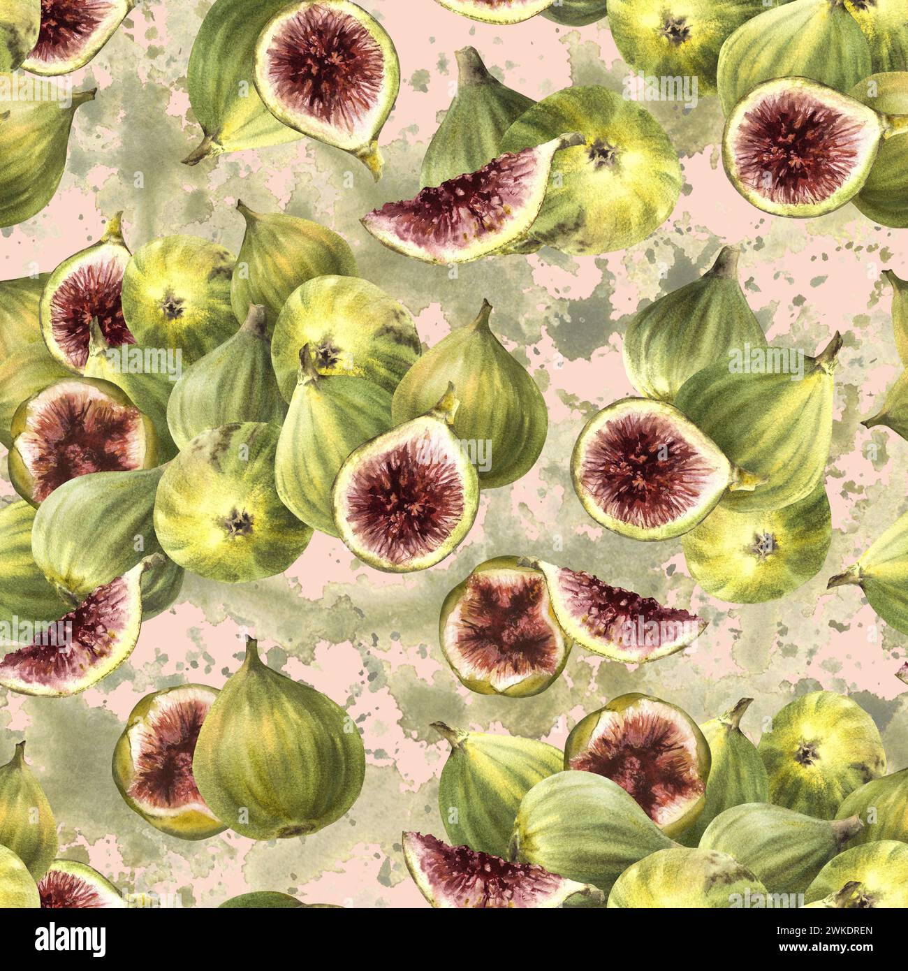 Pile of ripe juicy green purple figs, picked fruit seamless pattern on ...