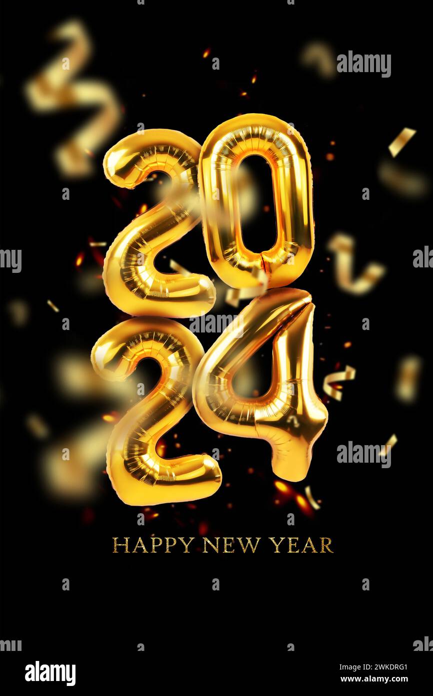 Golden 2024 balloons with confetti on a black background. Happy New ...