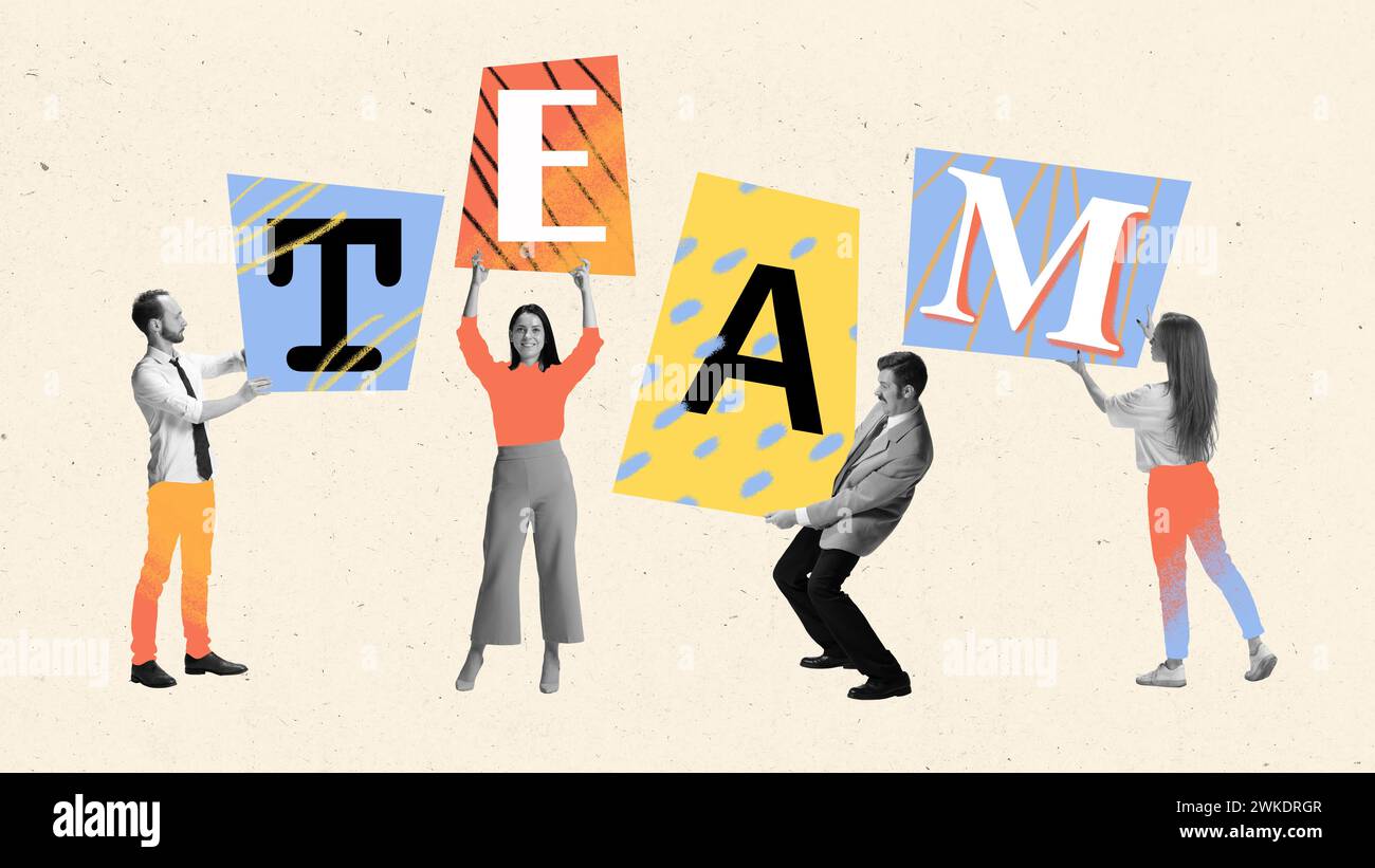 Modern aesthetic artwork. Four business people holds big letters TEAM ...