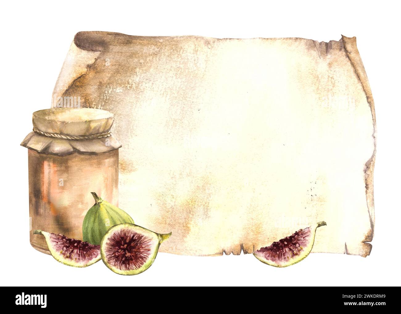 Watercolor fig jam in a glass jar, fruit Jelly, fresh whole and cut ...