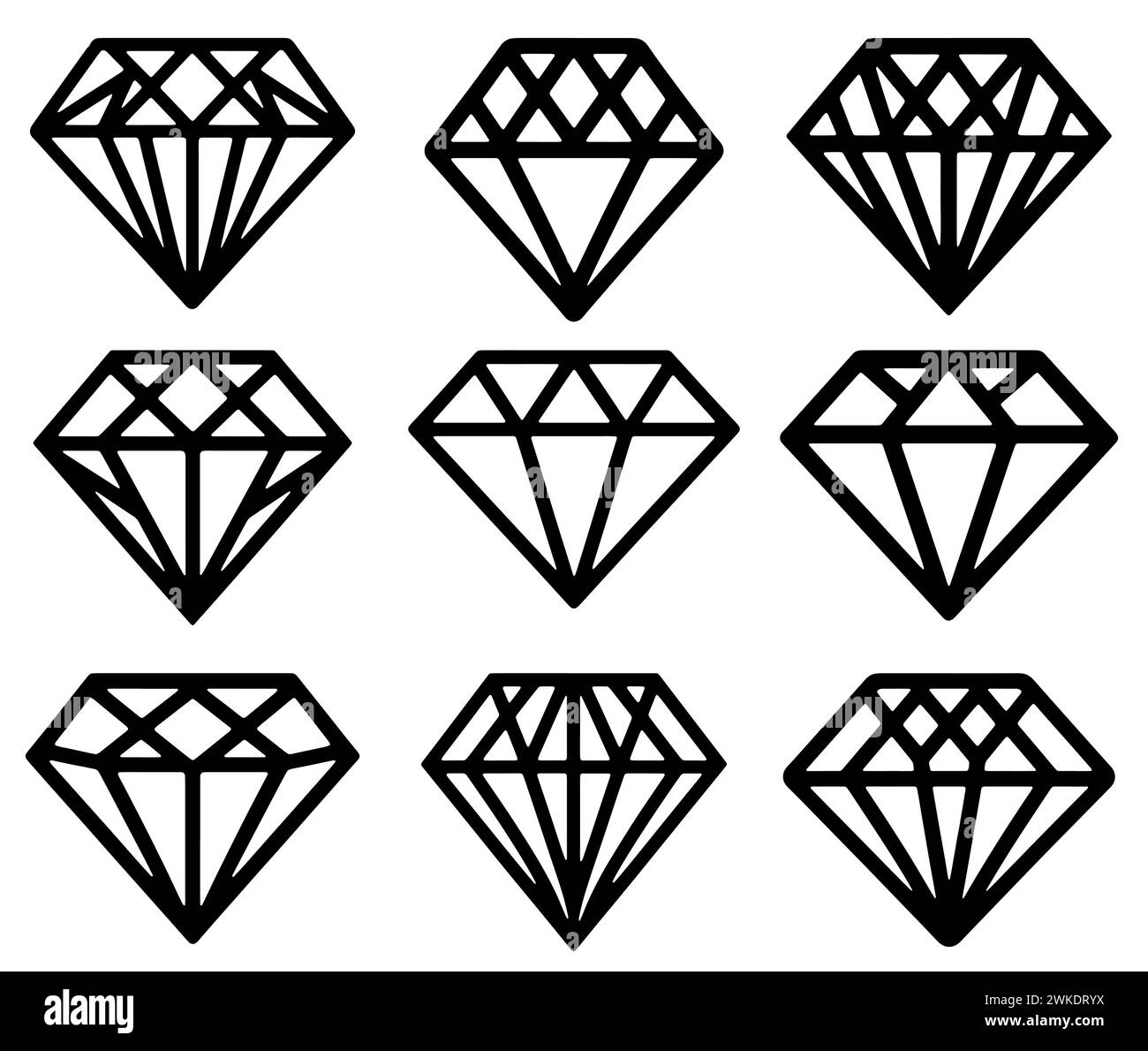 Diamond icons set. Diamond linear symbol. Black diamond silhouette ...