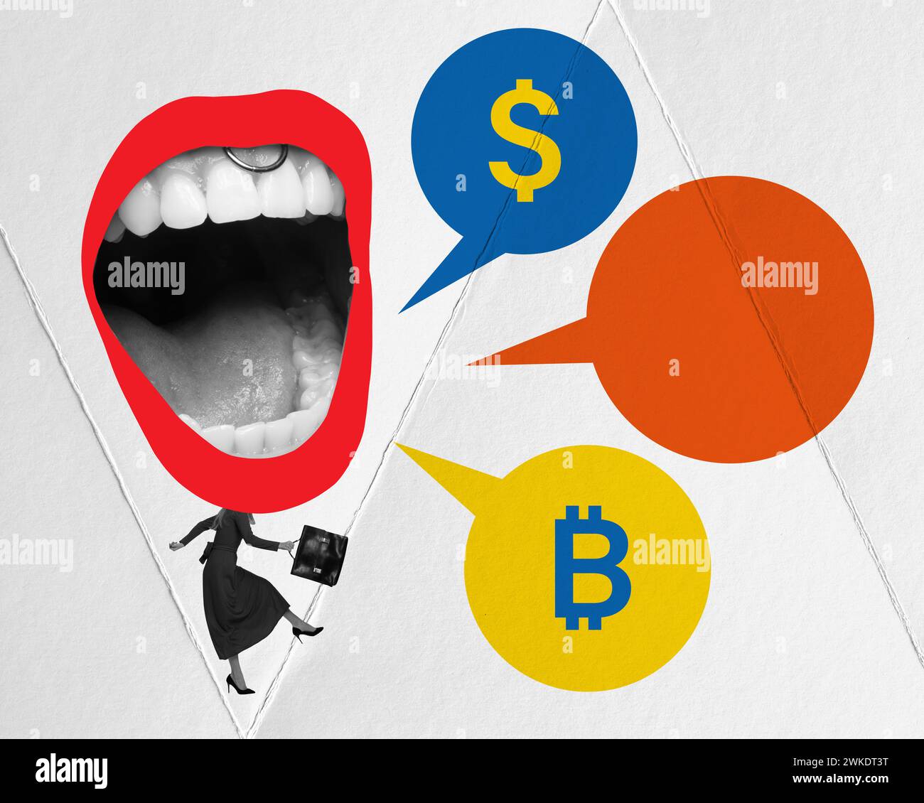 Contemporary art collage. Businesswoman with loudly shouting mouth ...