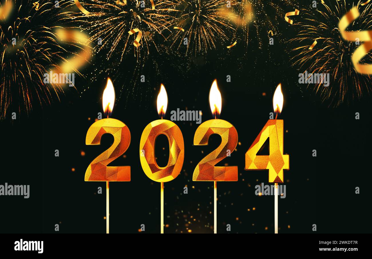 Gold candles 2024 burning on a black background with fireworks and ...