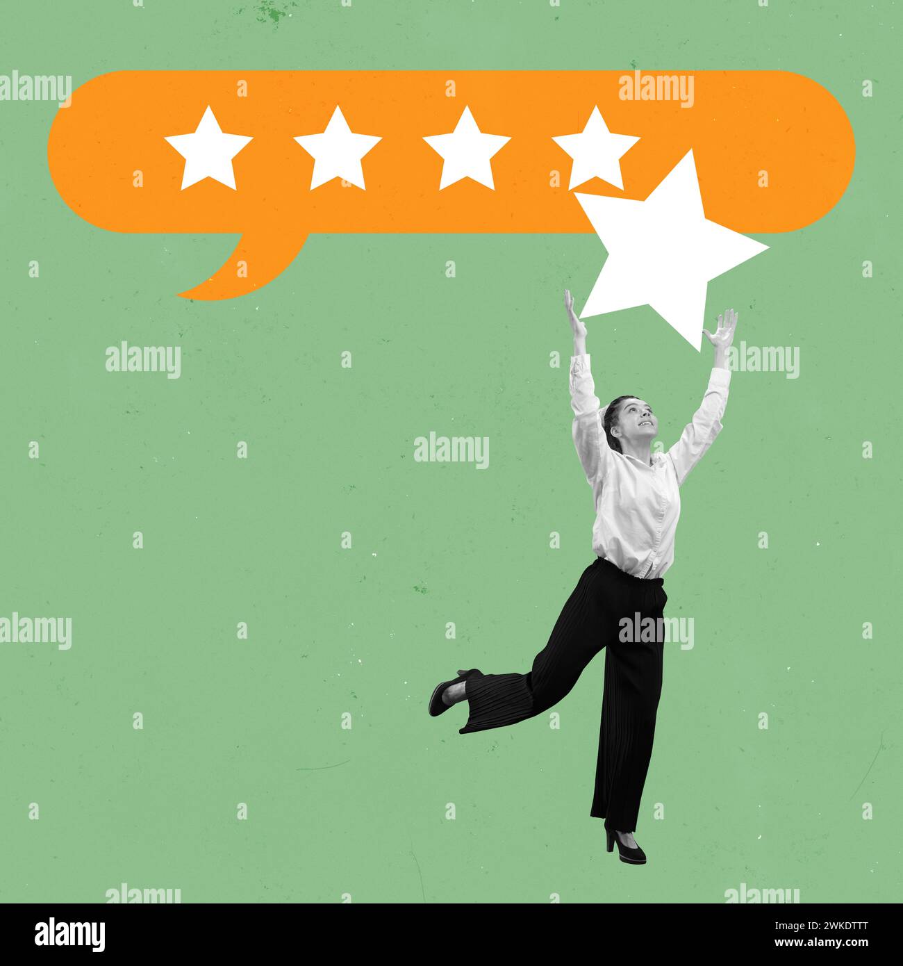 Young woman, customer support operator putting star to her rating ...
