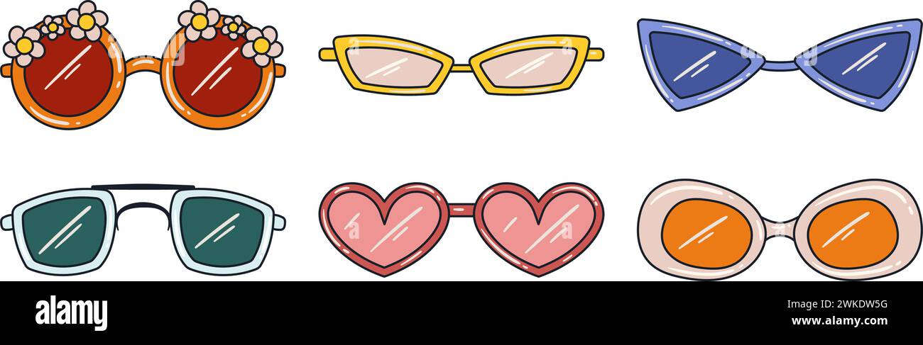 Set of different retro style, hippie sunglasses. Retro aesthetic vibe ...