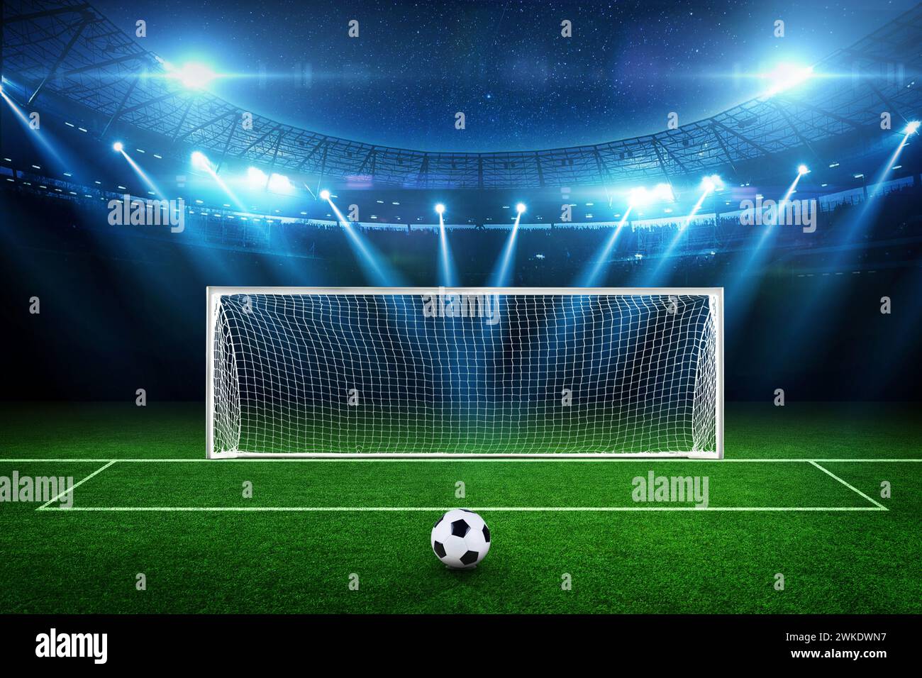 Beautiful football stadium with green field, ball, goal and glowing ...