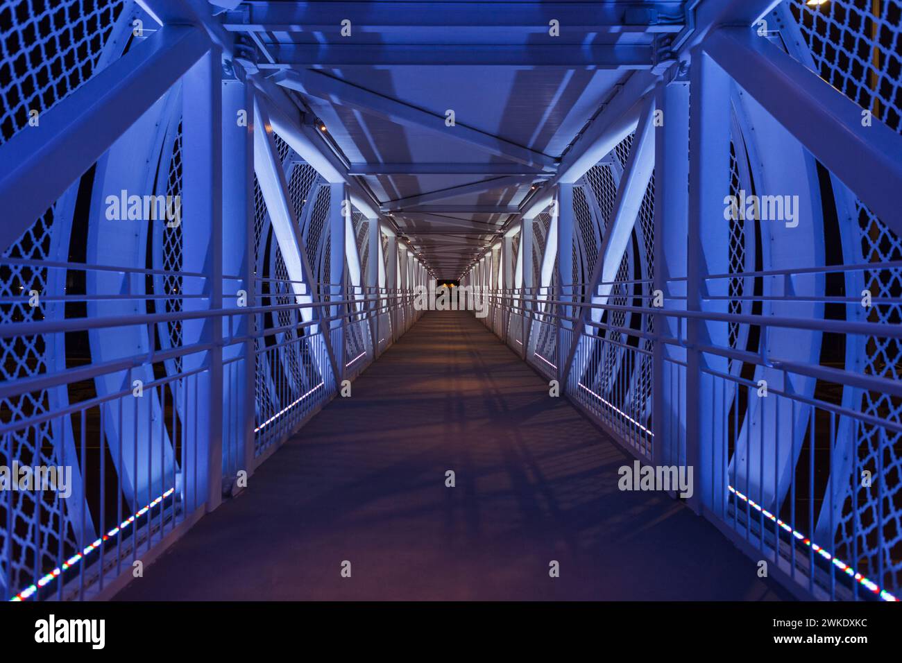 Beautiful foot bridge with blue colored lights at night. Path along the ...
