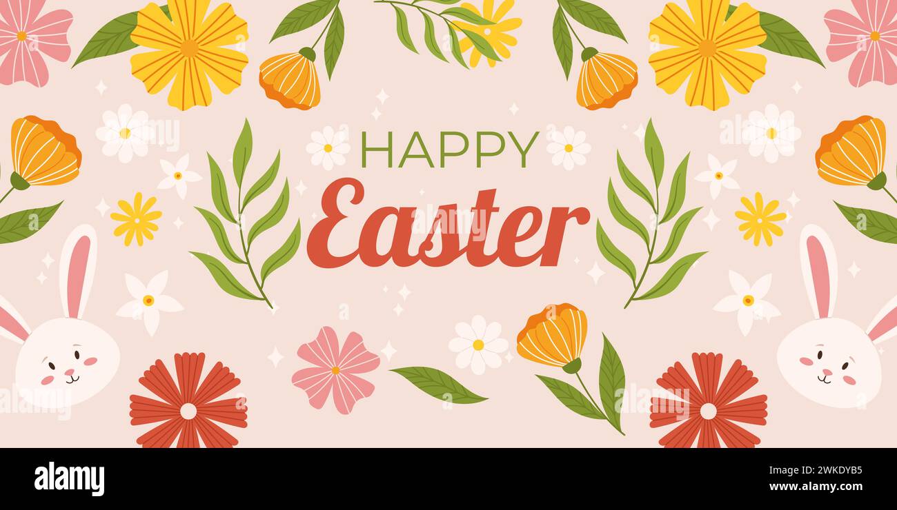Happy Easter horizontal background template. Design with cute bunny ...