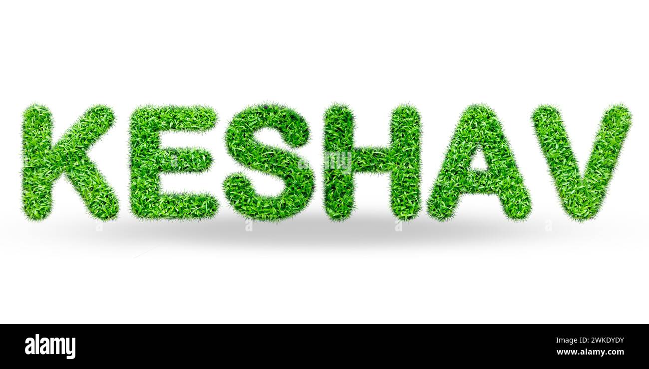 A 3D render of the name Keshav from green grass letters on a white ...