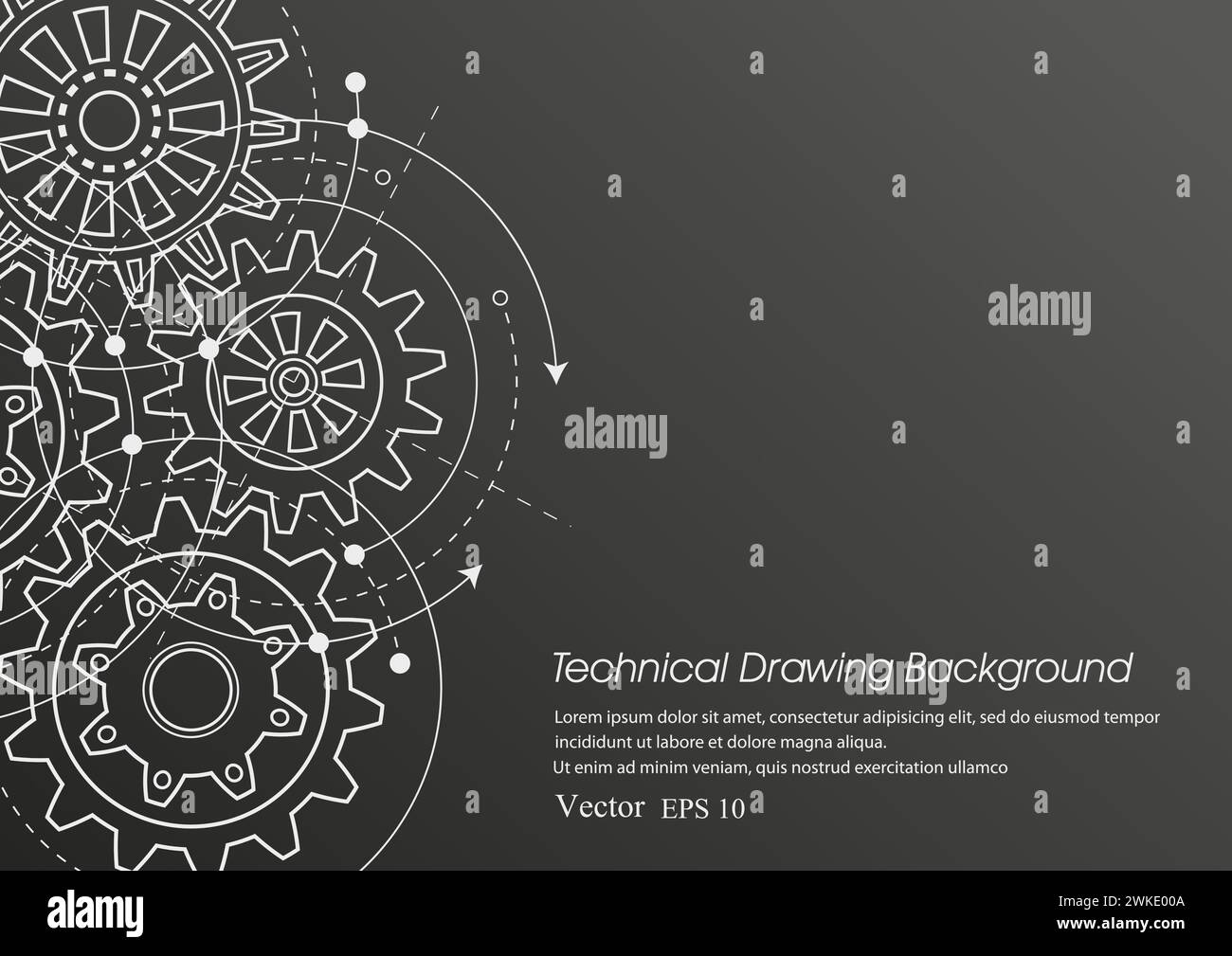 Technical drawing of gears on a black background.Engineering Technology Project. Industrial ...