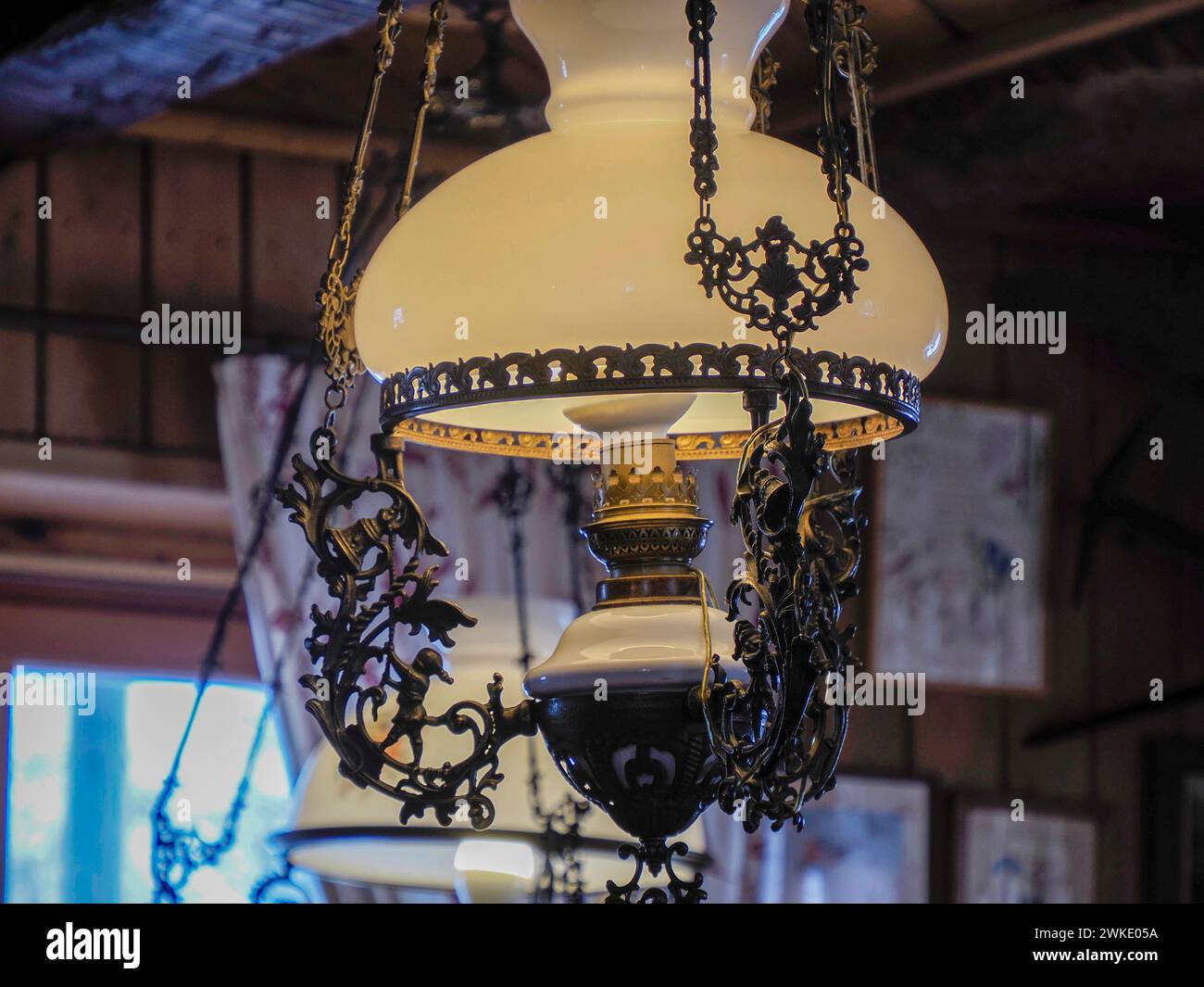 An Art Nouveau oil suspended lamp - glass, bronze and cast iron Old ...