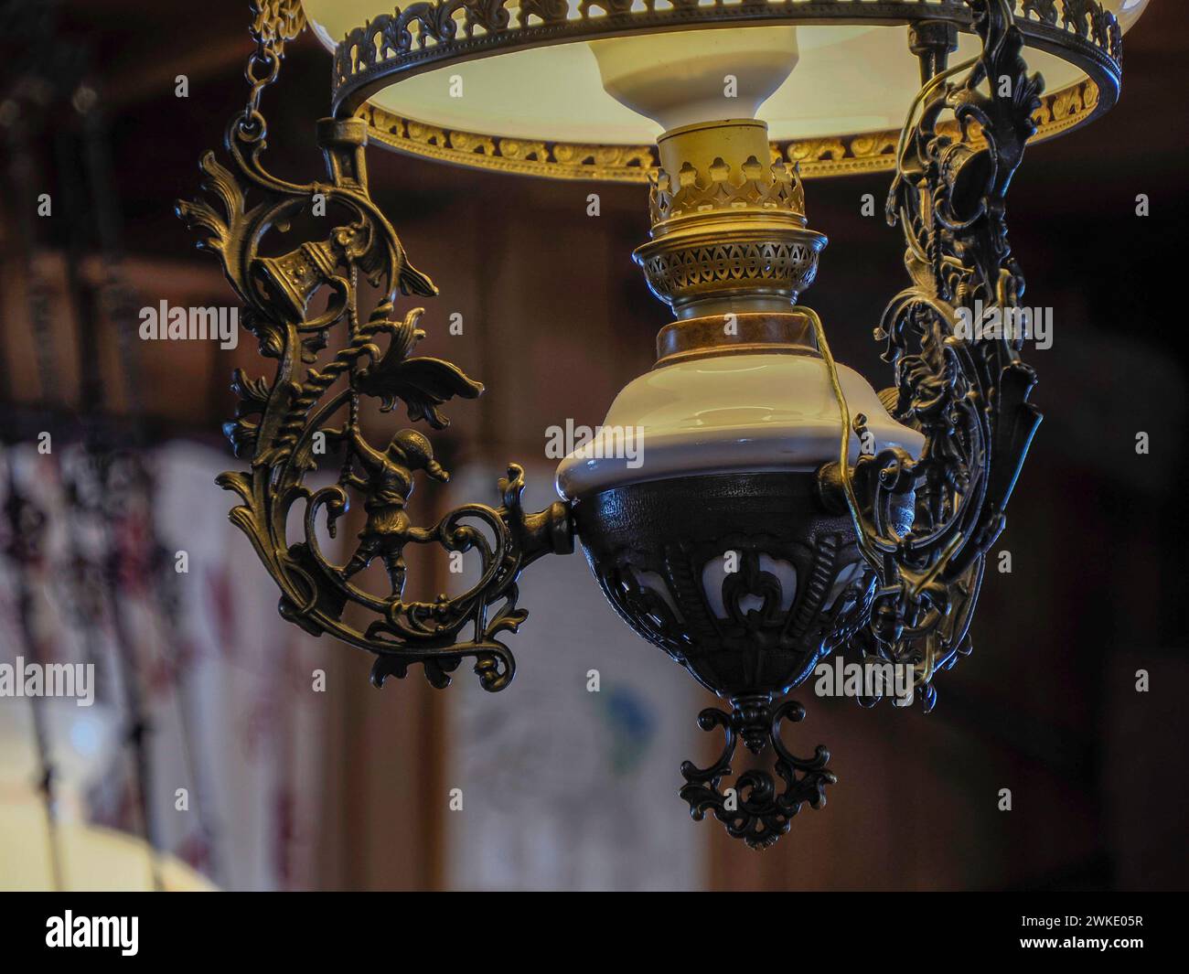An Art Nouveau oil suspended lamp - glass, bronze and cast iron Old ...