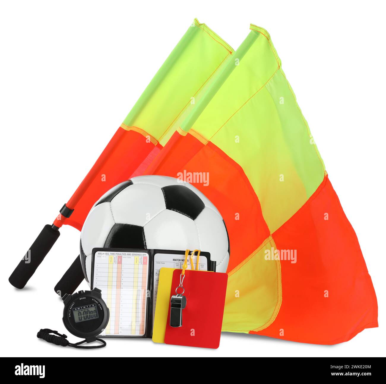 Soccer ball and different referee equipment isolated on white Stock ...