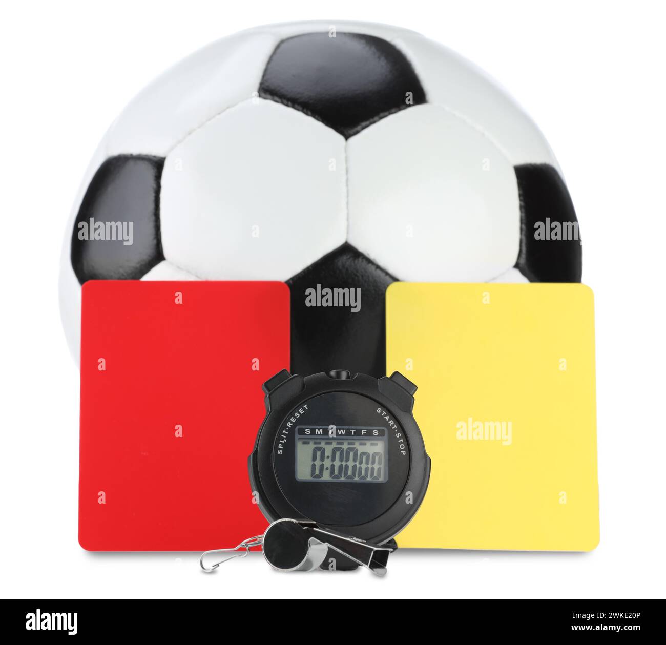 Referee equipment. Soccer ball, whistle, stopwatch and cards isolated ...