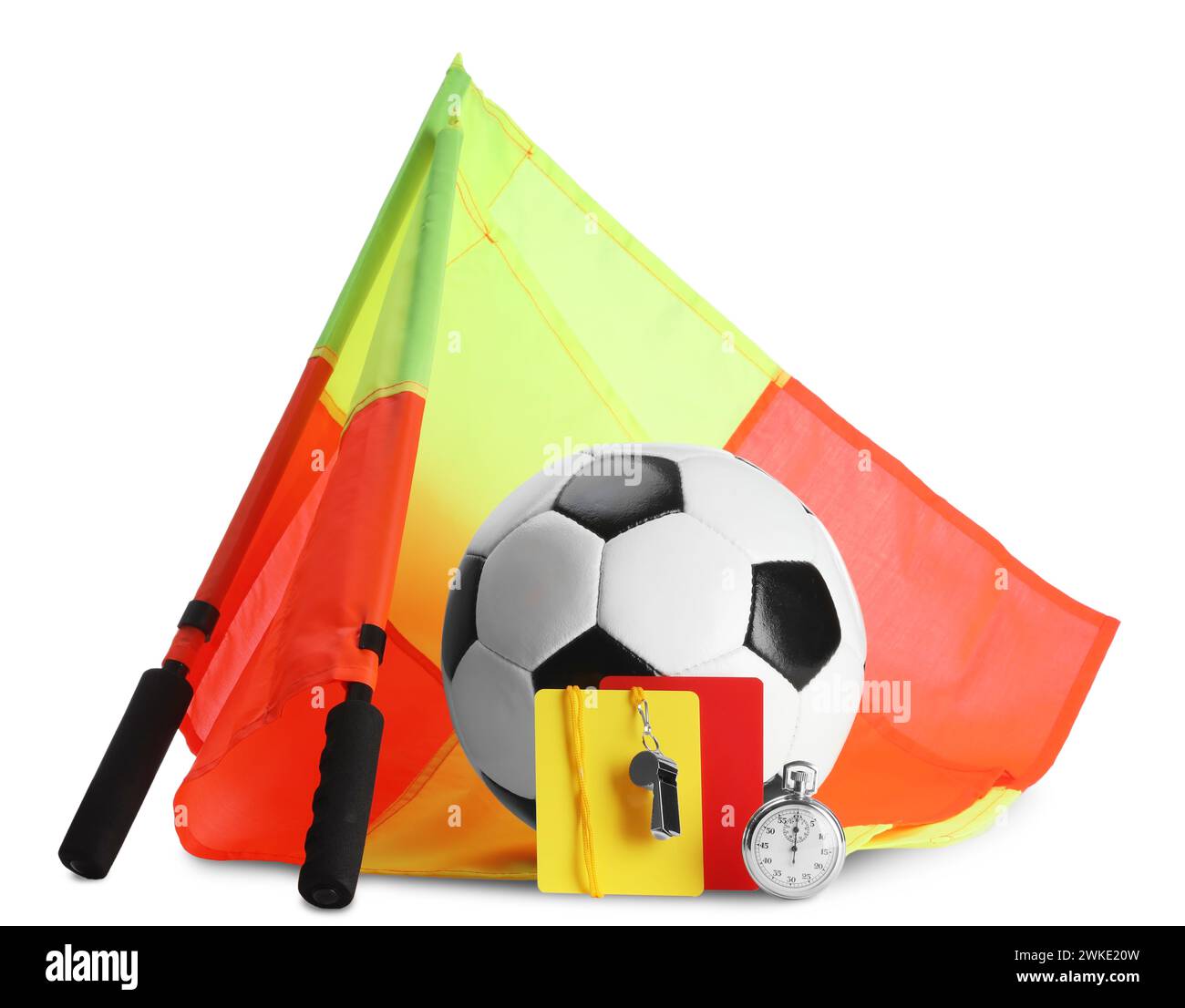 Soccer ball and different referee equipment isolated on white Stock ...