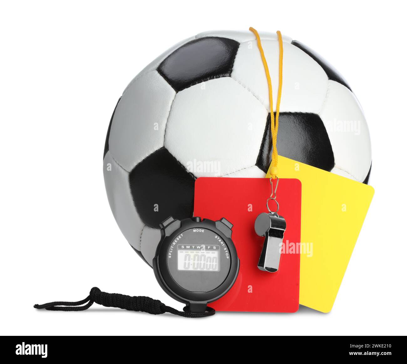 Referee equipment. Soccer ball, whistle, stopwatch and cards isolated ...