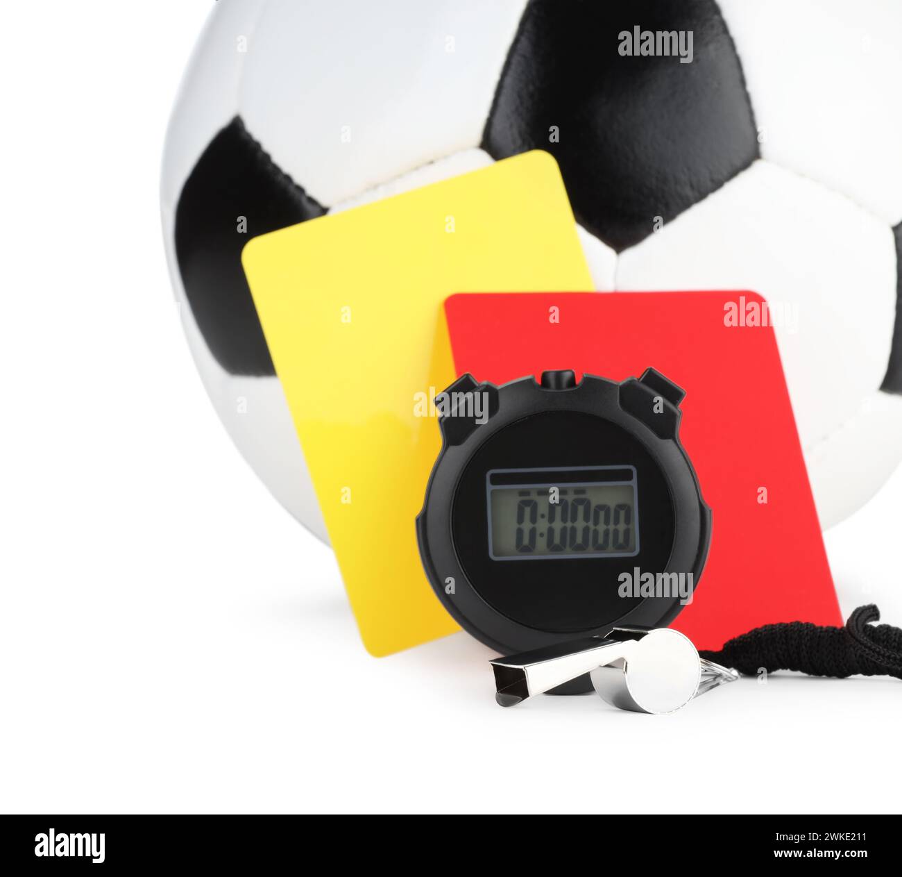 Referee equipment. Soccer ball, whistle, stopwatch and cards isolated ...