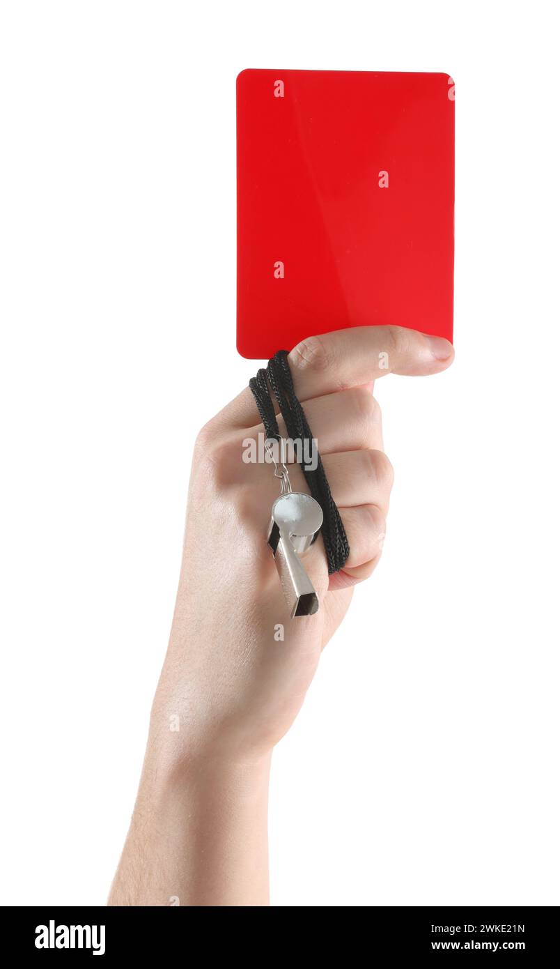 Referee holding red card and whistle on white background, closeup Stock ...