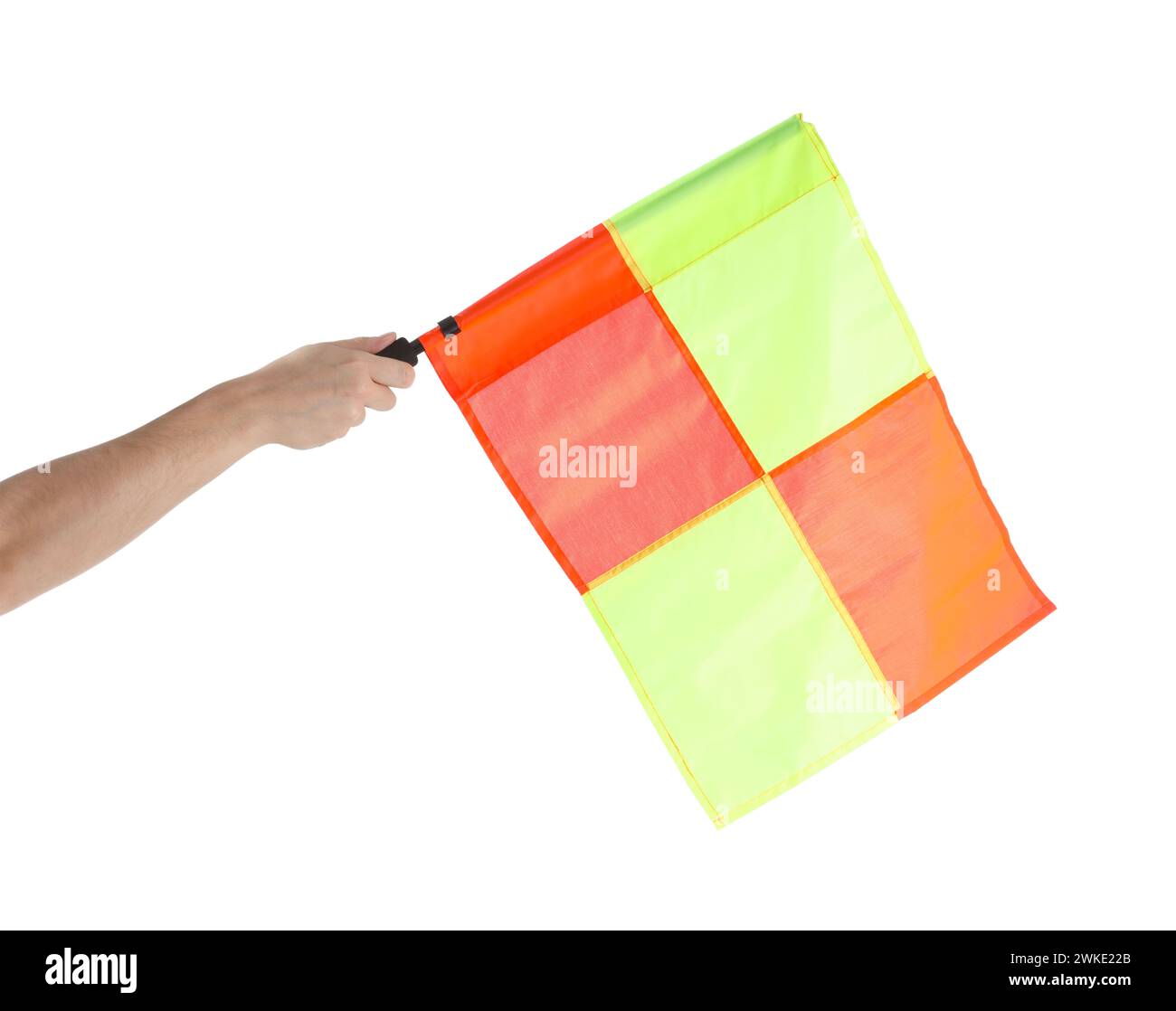 Referee holding linesman flag on white background, closeup Stock Photo ...