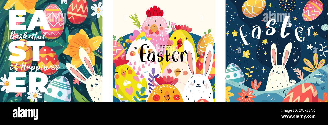 Happy Easter Day holiday abstract square banner set. Colorful eggs in ...