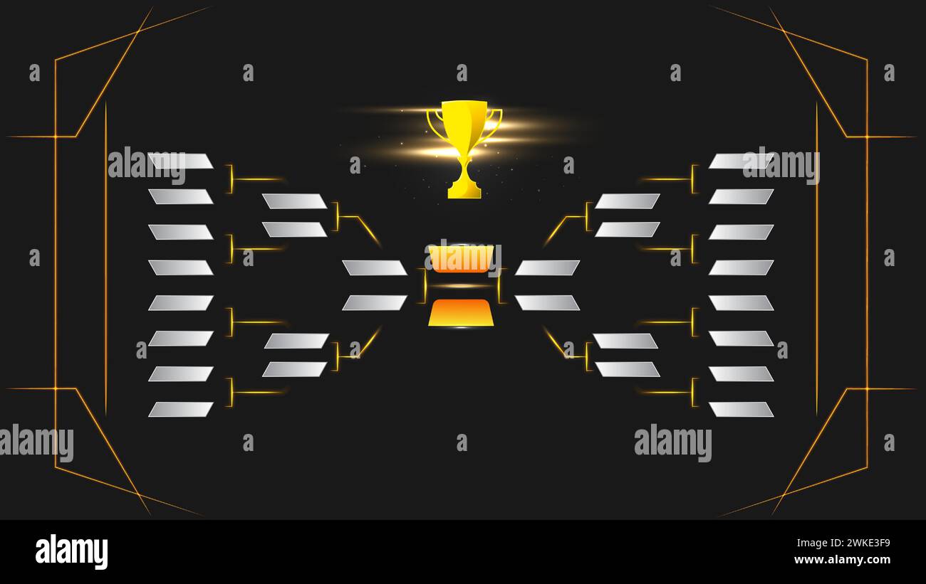 Modern sport game bracket board with gold champion trophy against black ...