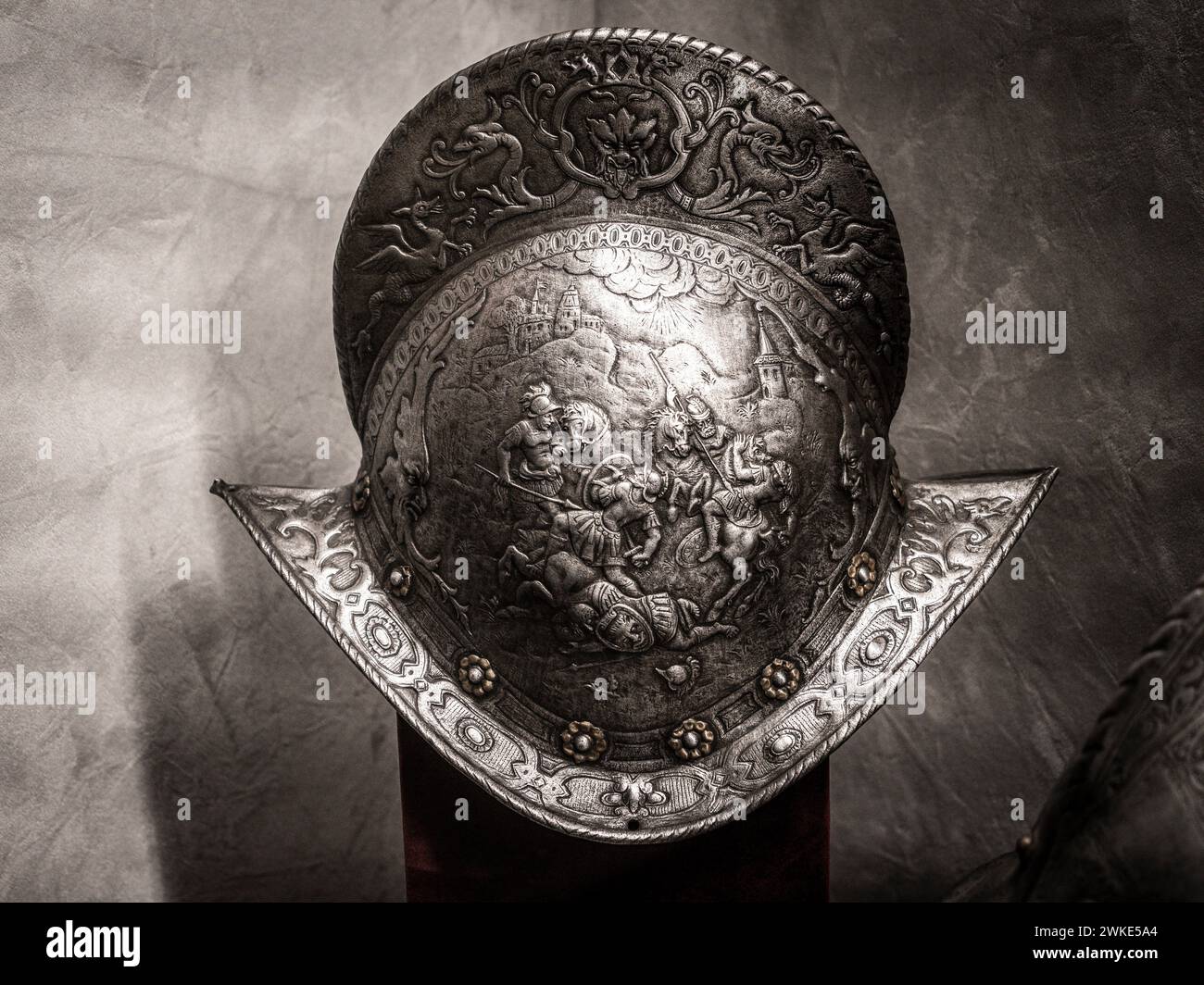 High crest morrion, Decorated with scene from the Battle of Pavia, 16th ...