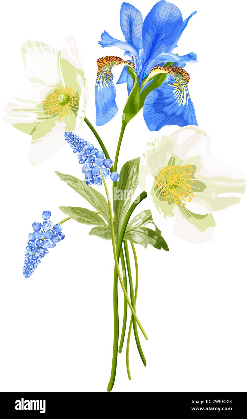 Spring bouquet of wildflowers. Floral composition with blue iris and ...