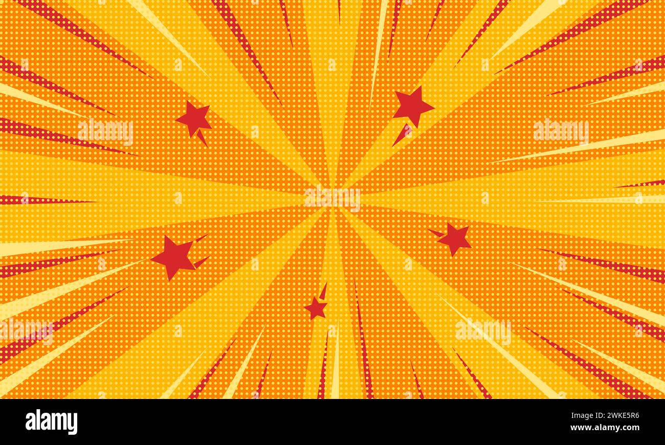Yellow flat comic style sunburst background. Poster book element ...