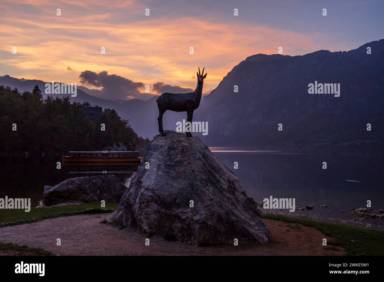 sculpture of the goat with golden horns, myth of Zlatorog, Lake Bohinj ...
