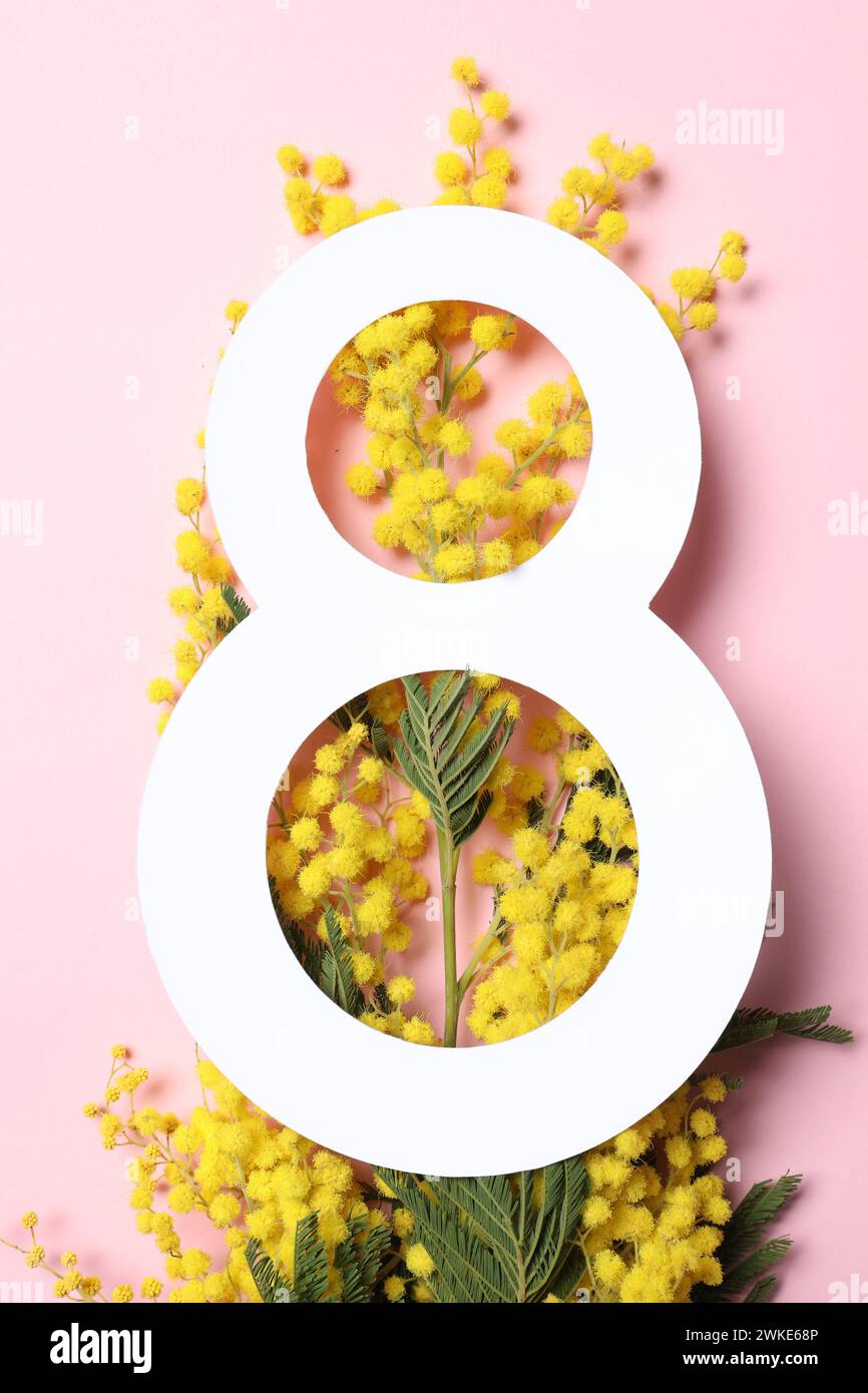 8 March greeting card design with yellow mimosa flowers on pink ...