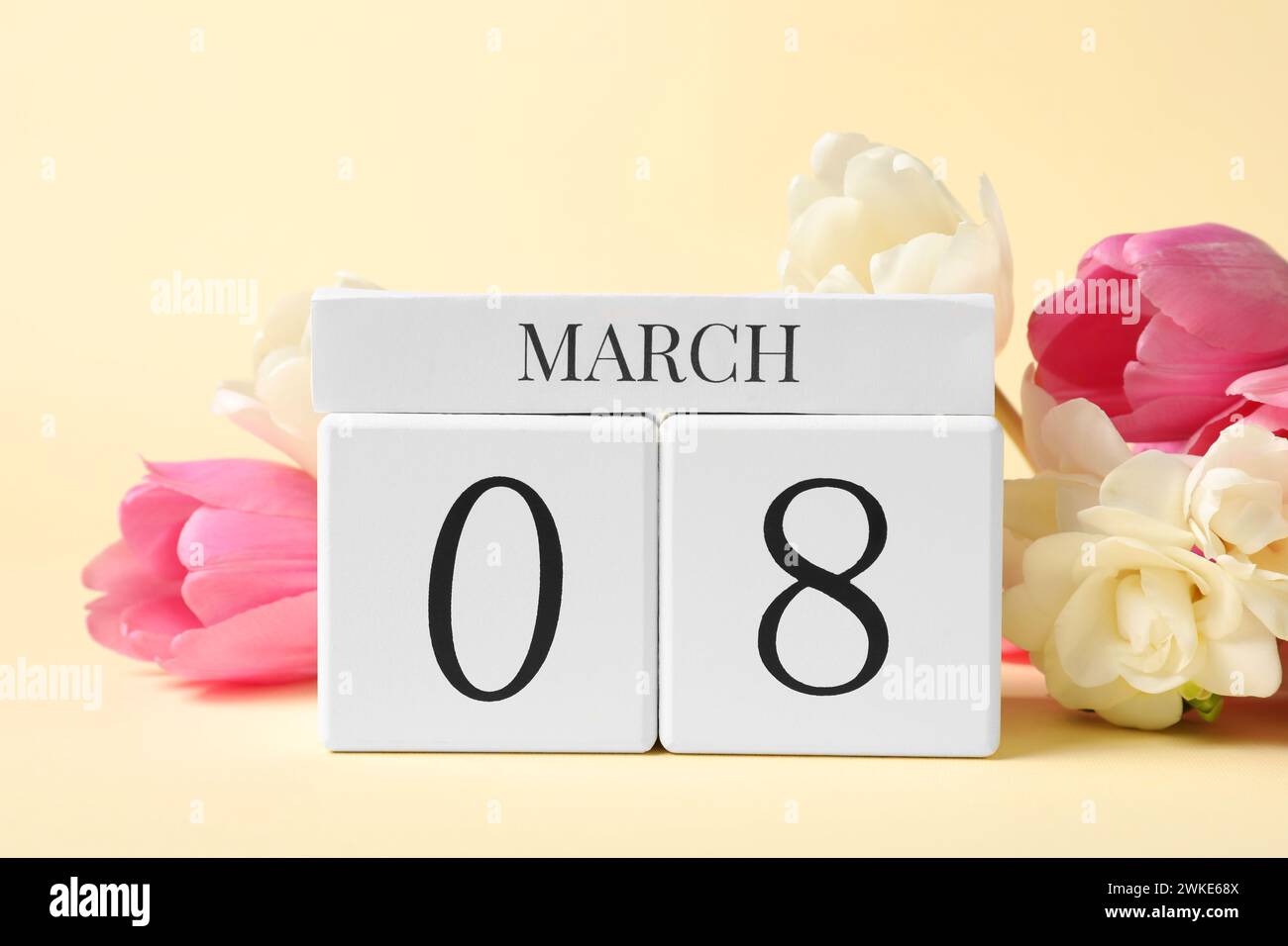 International Women's day - 8th of March. Wooden block calendar and ...