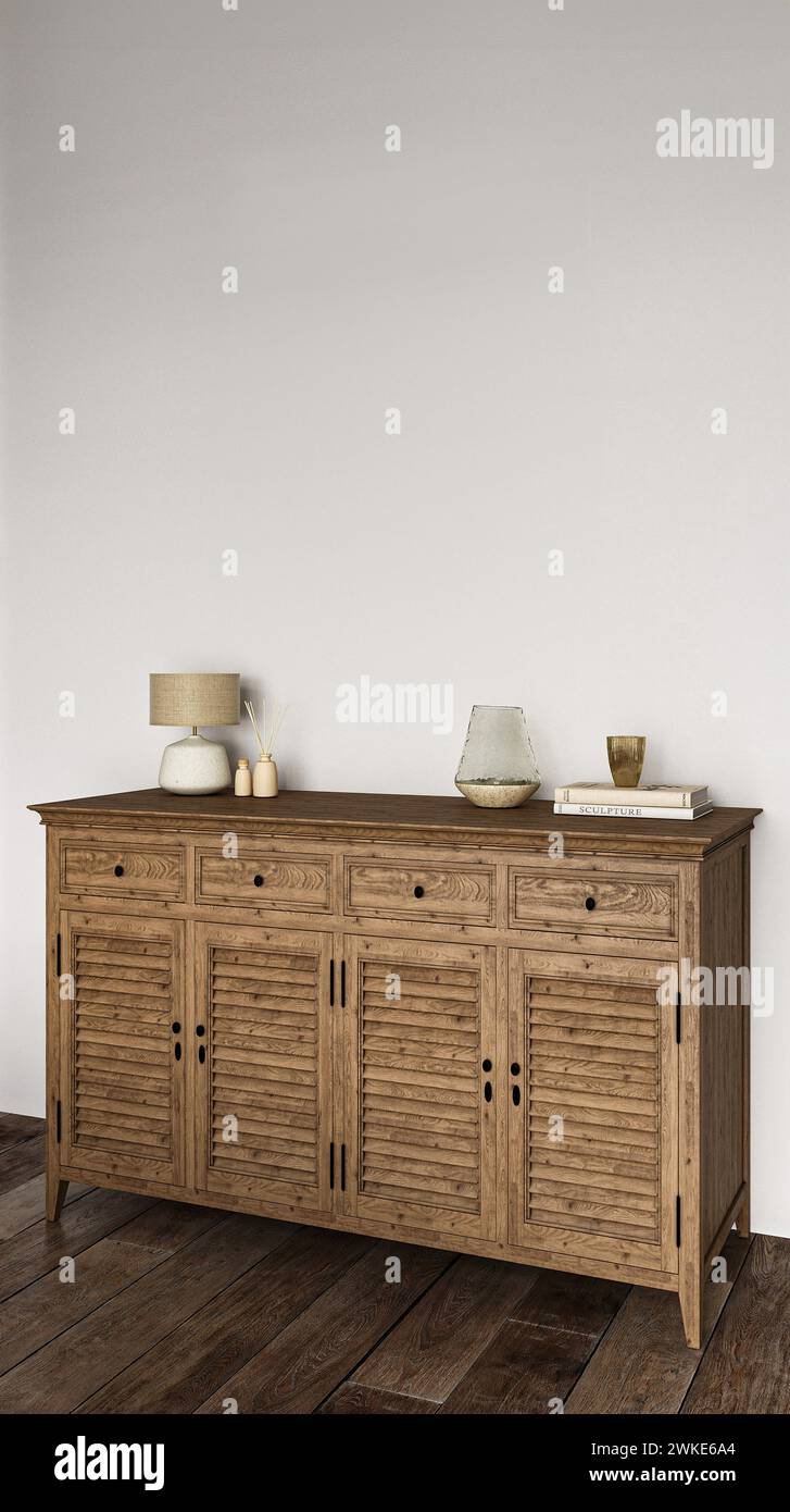 Rustic wooden sideboard decor in a minimalist white room Stock Photo ...