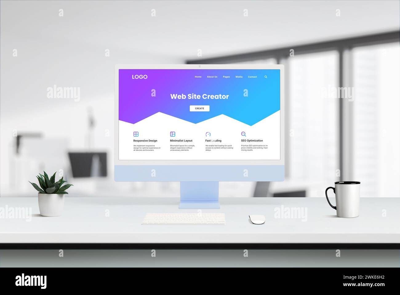 Modern computer screen on desk showcases purple-blue Web Site Creator interface with responsive ...