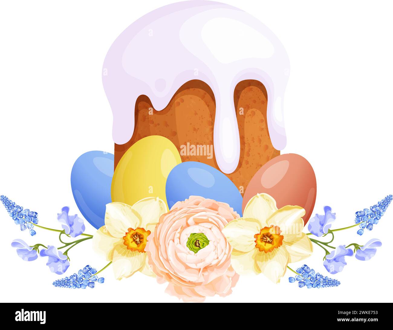 Spring composition with traditional Easter cake and eggs, flowers of ...