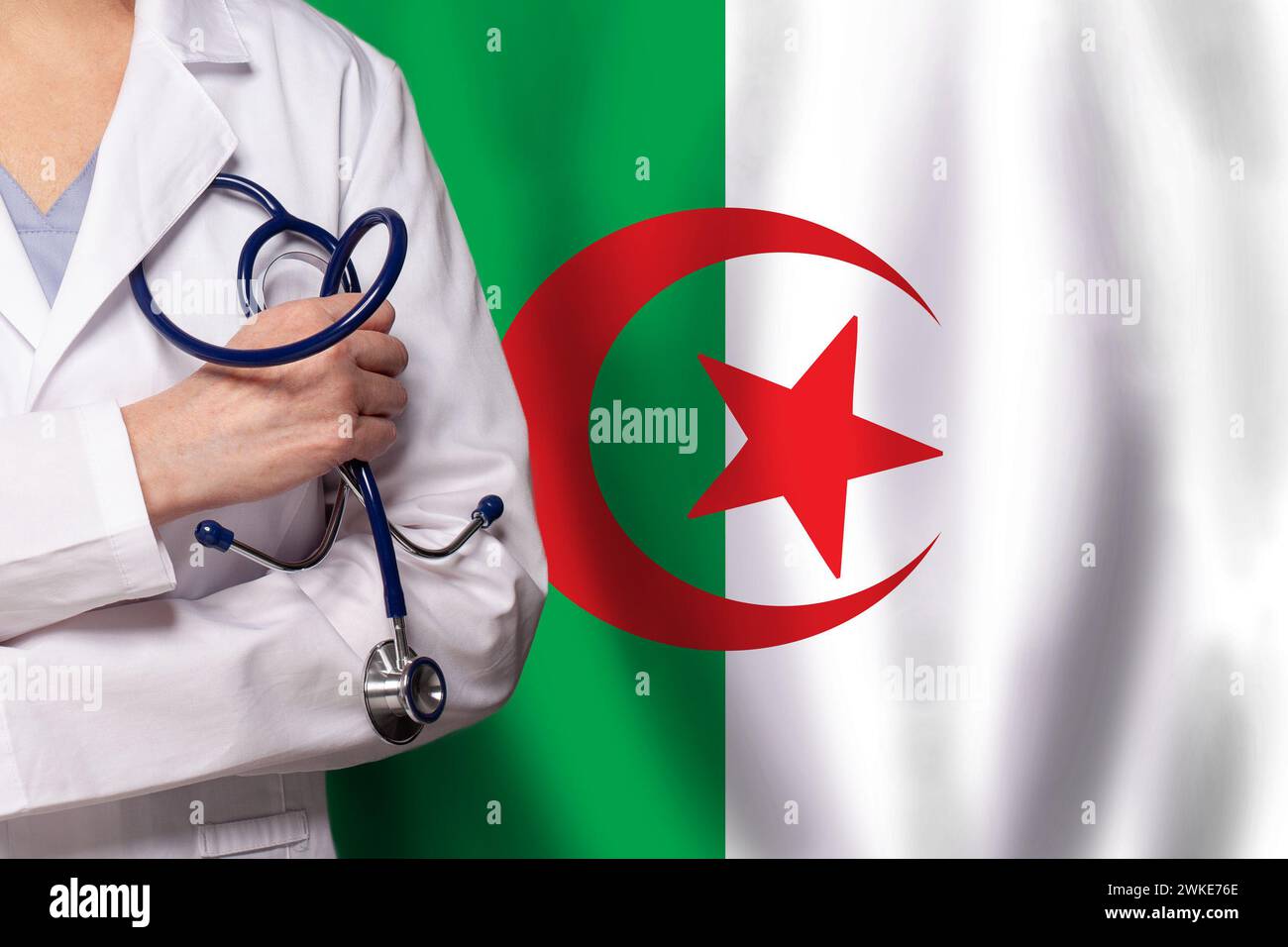 Algerian medicine and healthcare concept. Doctor close up against flag ...