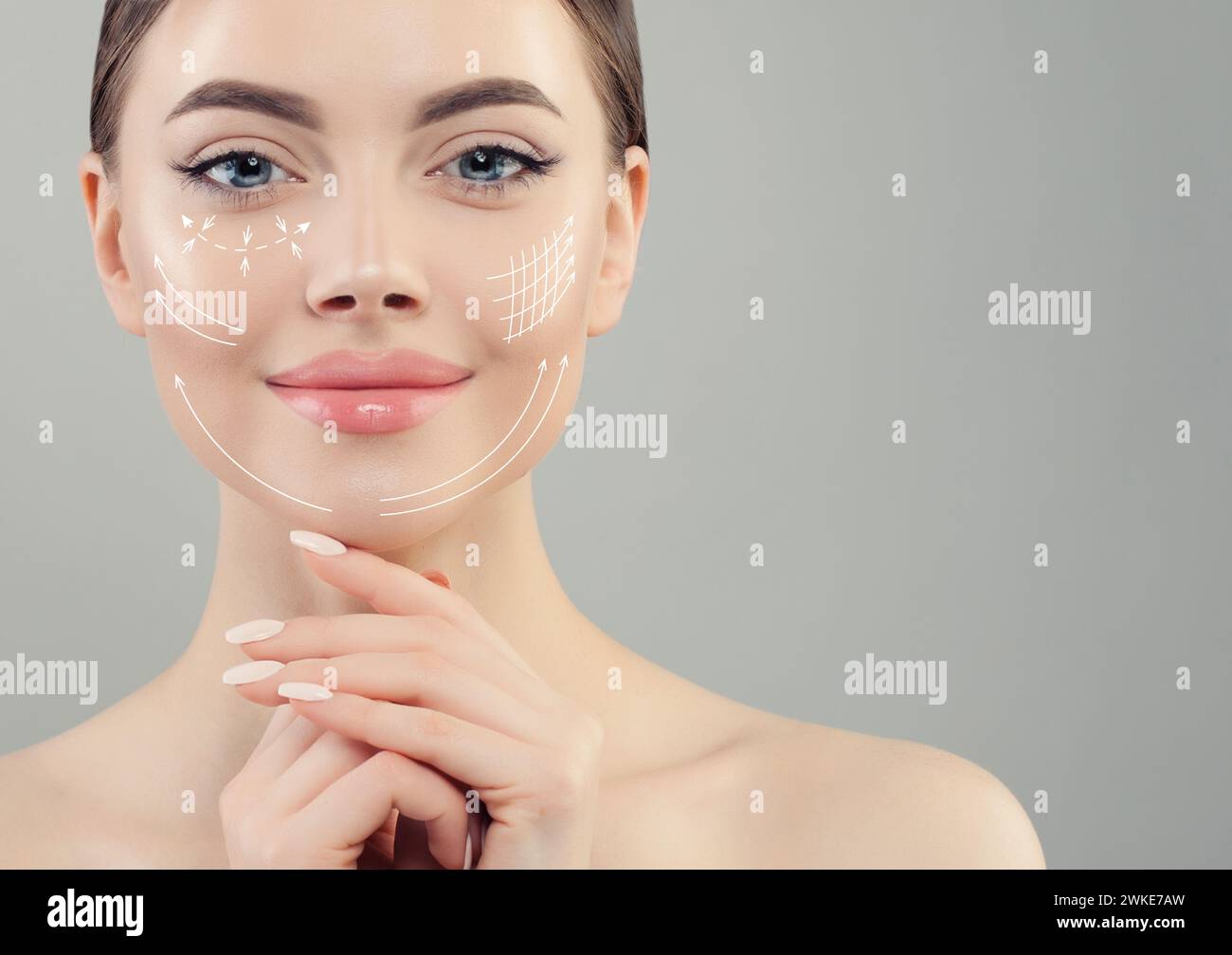 Perfect woman with massage or surgery lines on her face. Medicine ...