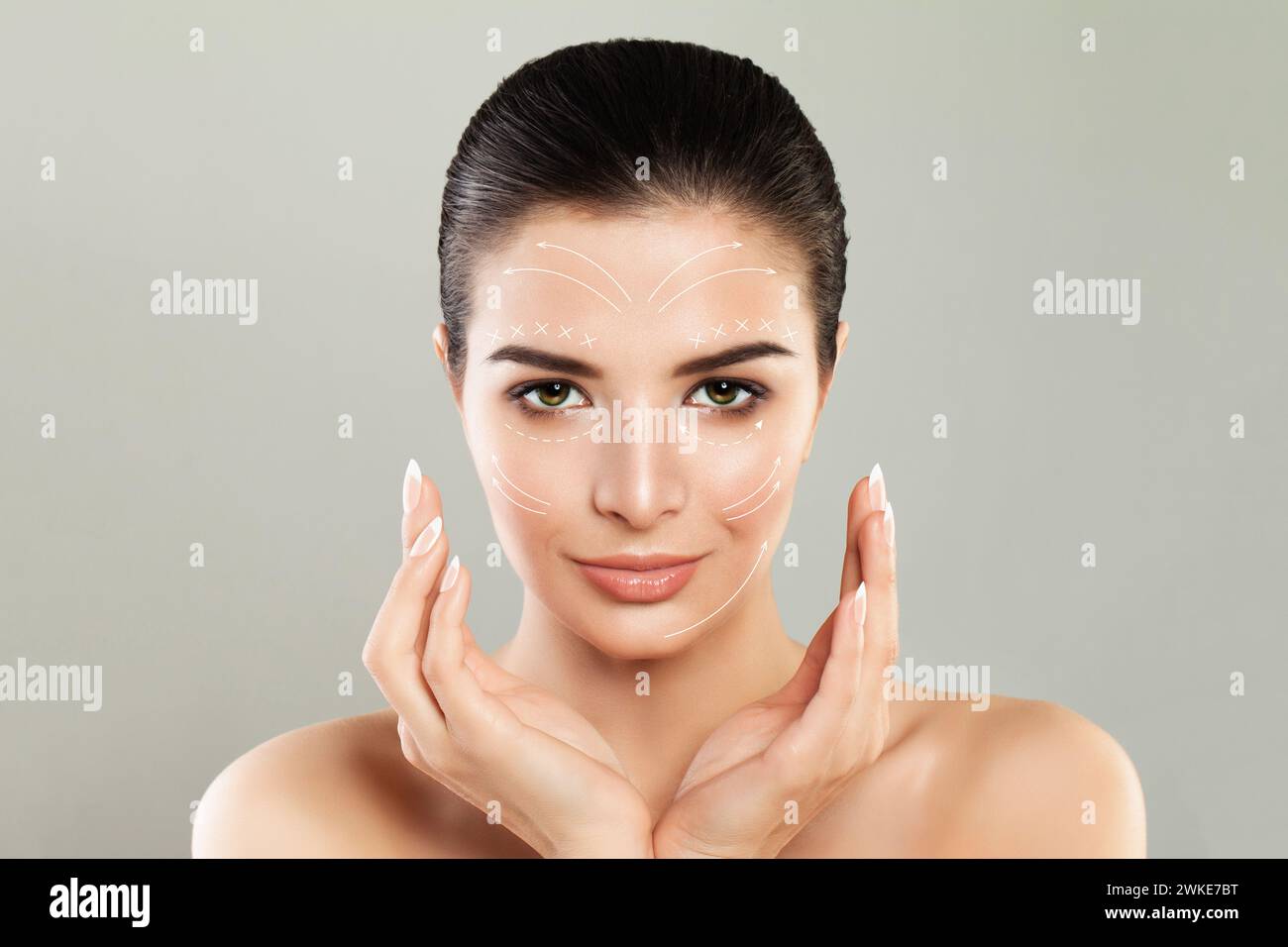 Glamorous woman with massage or surgery lines on her face. Medicine ...