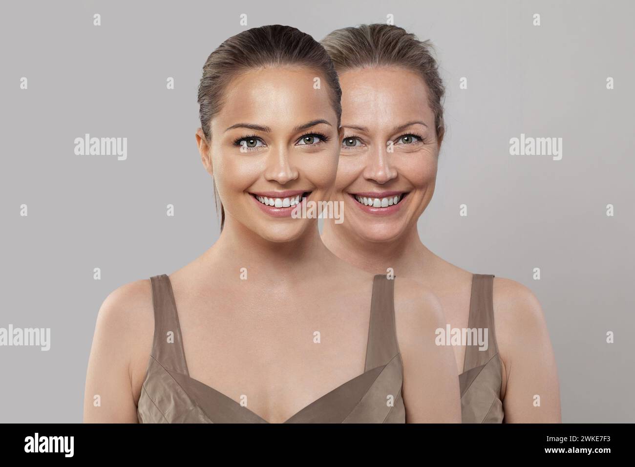 Happy joyful healthy young and senior woman smiling on white background ...