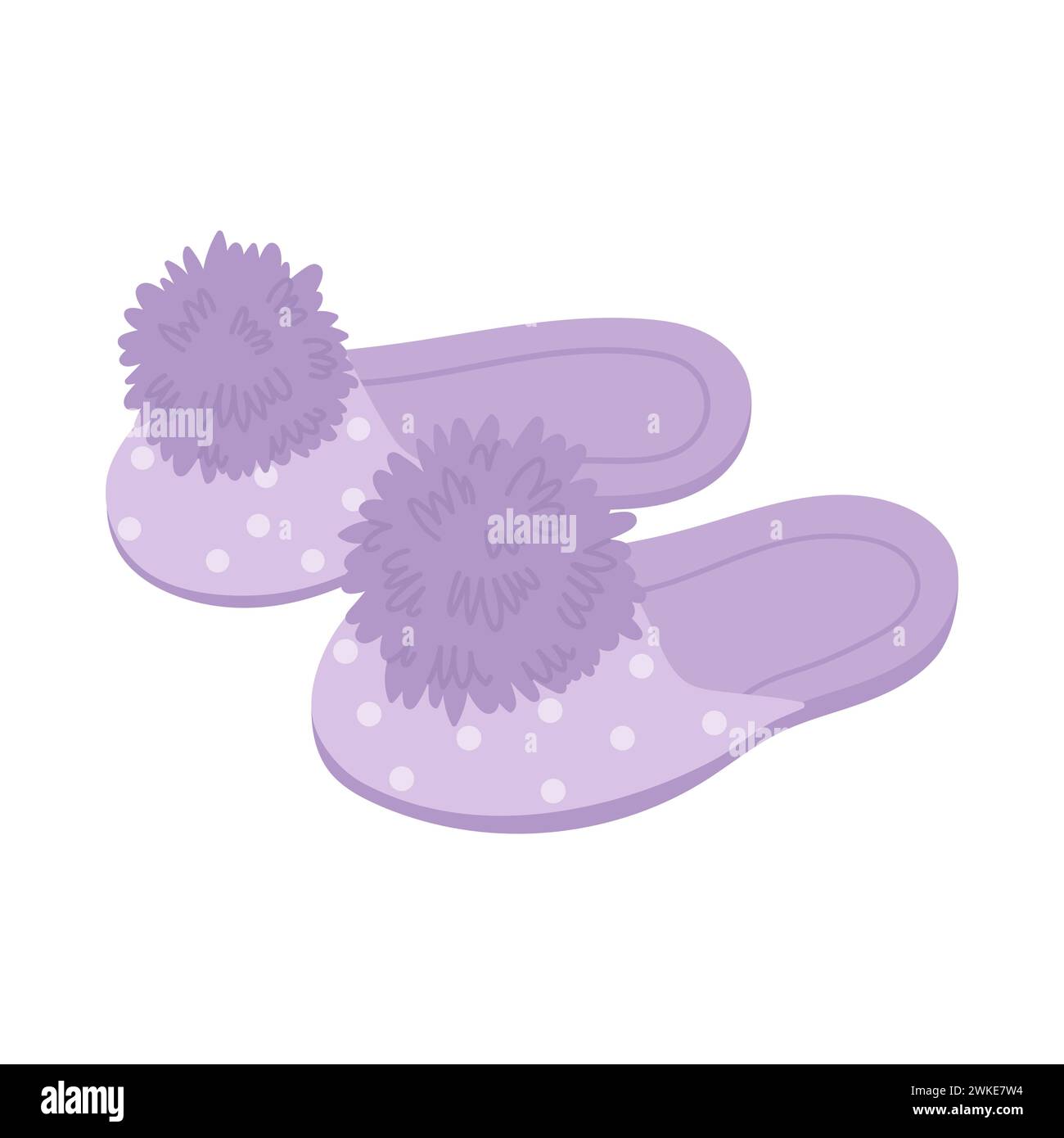 Purple home slippers with pompons. Cozy indoor footwear, fluffy flip ...