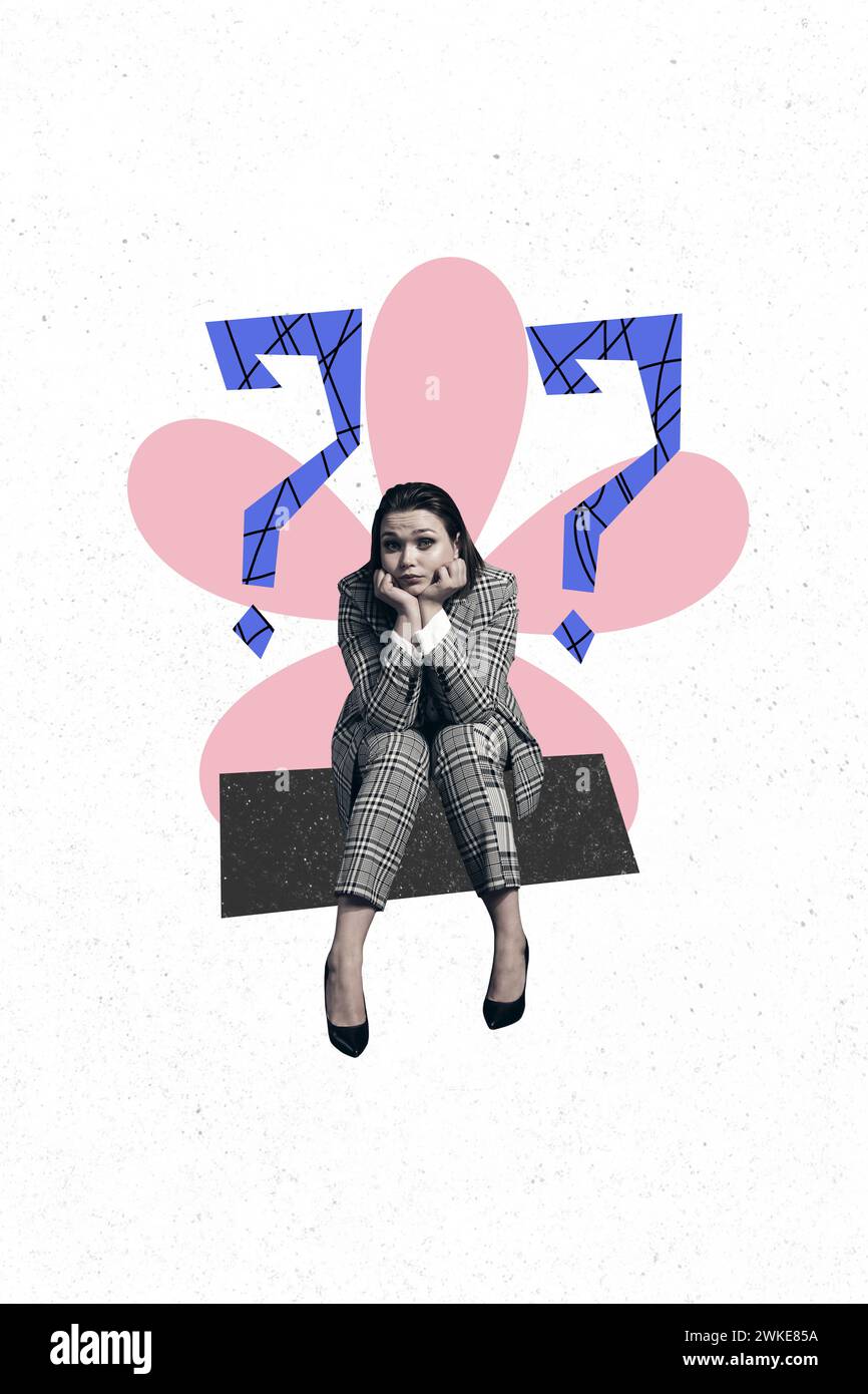 Collage 3d image pop retro sketch of confused entrepreneur female ...