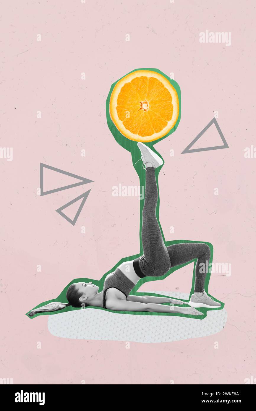 Vertical collage picture young sporty girl stretching figure bodycare ...