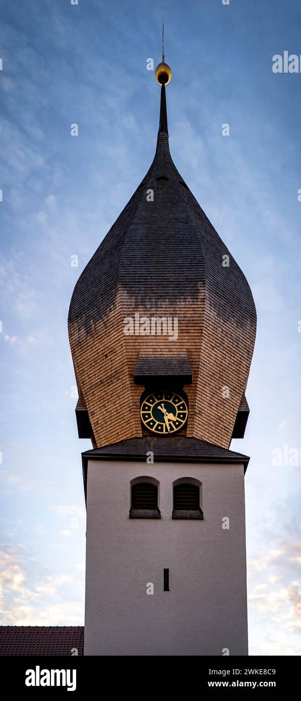 The lake Weßling, Bavaria, and its church at sunset on the last day of ...
