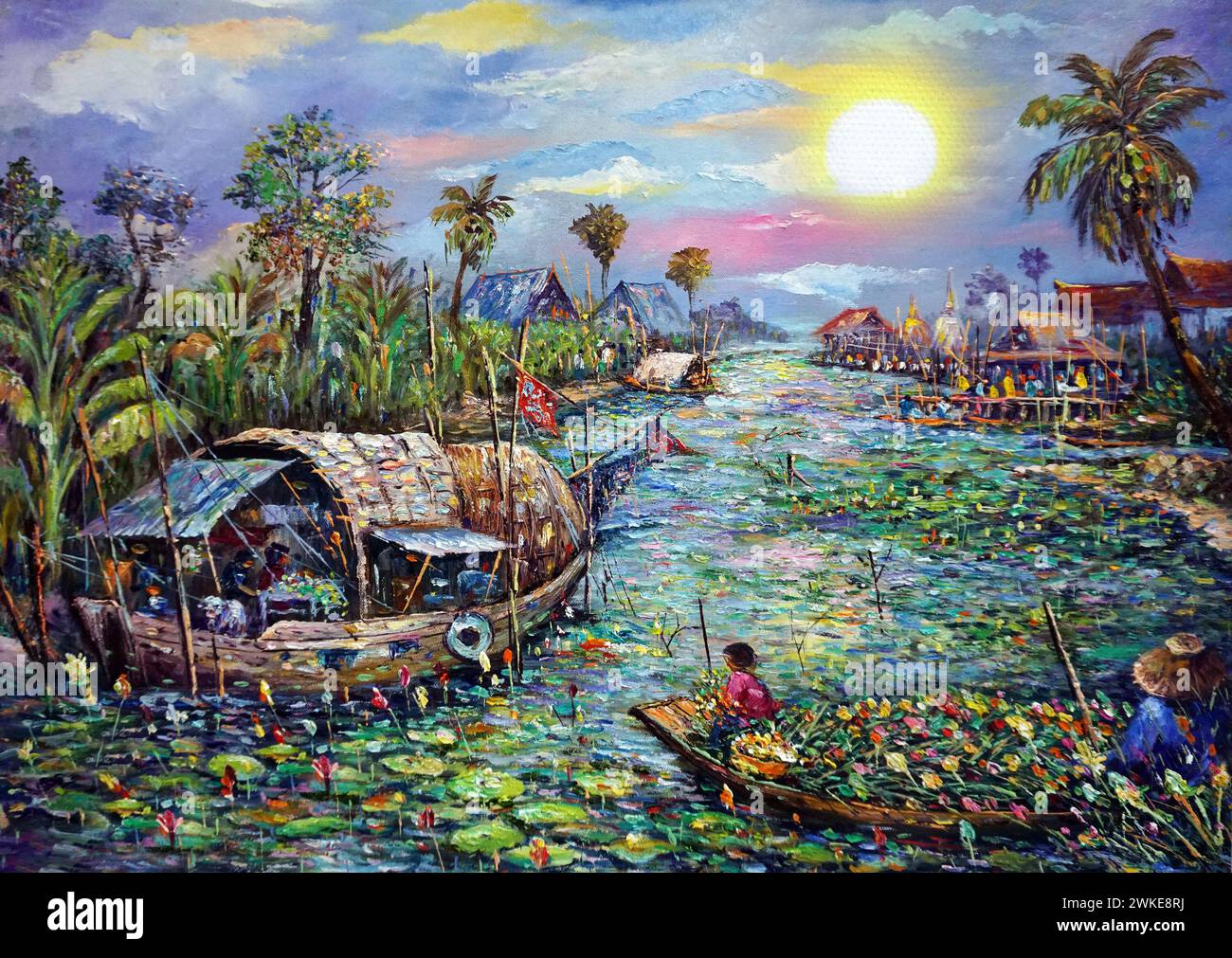Hand drawn Art painting Oil color Floating market dumnoen saduak ...