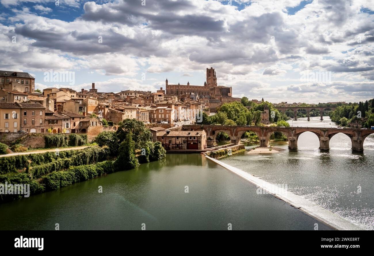 The town of Albi with the bridge, the river Tarn and the cathedral ...