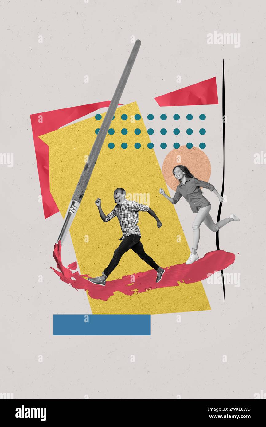 Photo vertical collage poster two running man woman cheerful smile ...