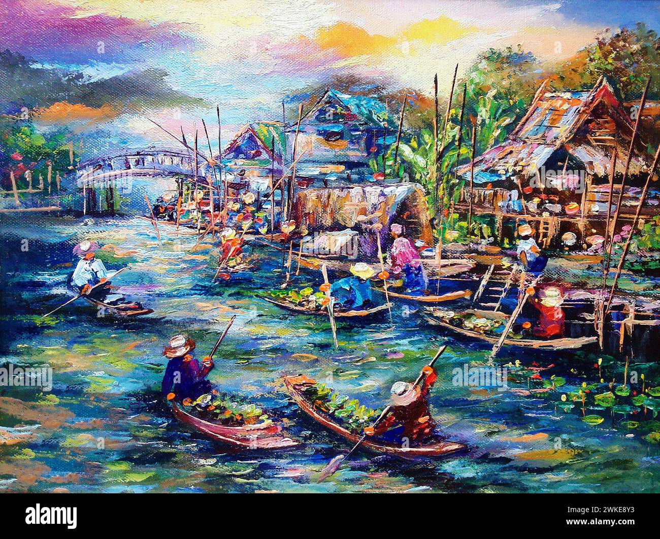 Hand drawn Art painting Oil color Floating market dumnoen saduak ...