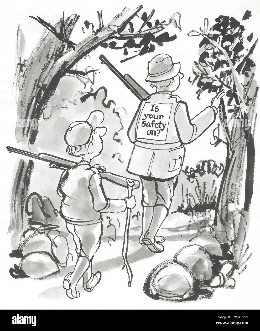 BW cartoon of a Dad and son going hunting. The Dad put a sign on his ...
