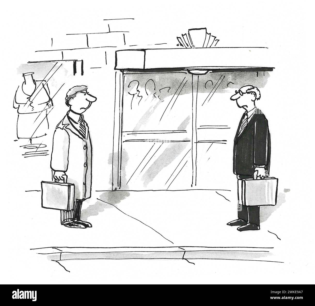 BW cartoon illustration showing two professional Caucasian men in a ...