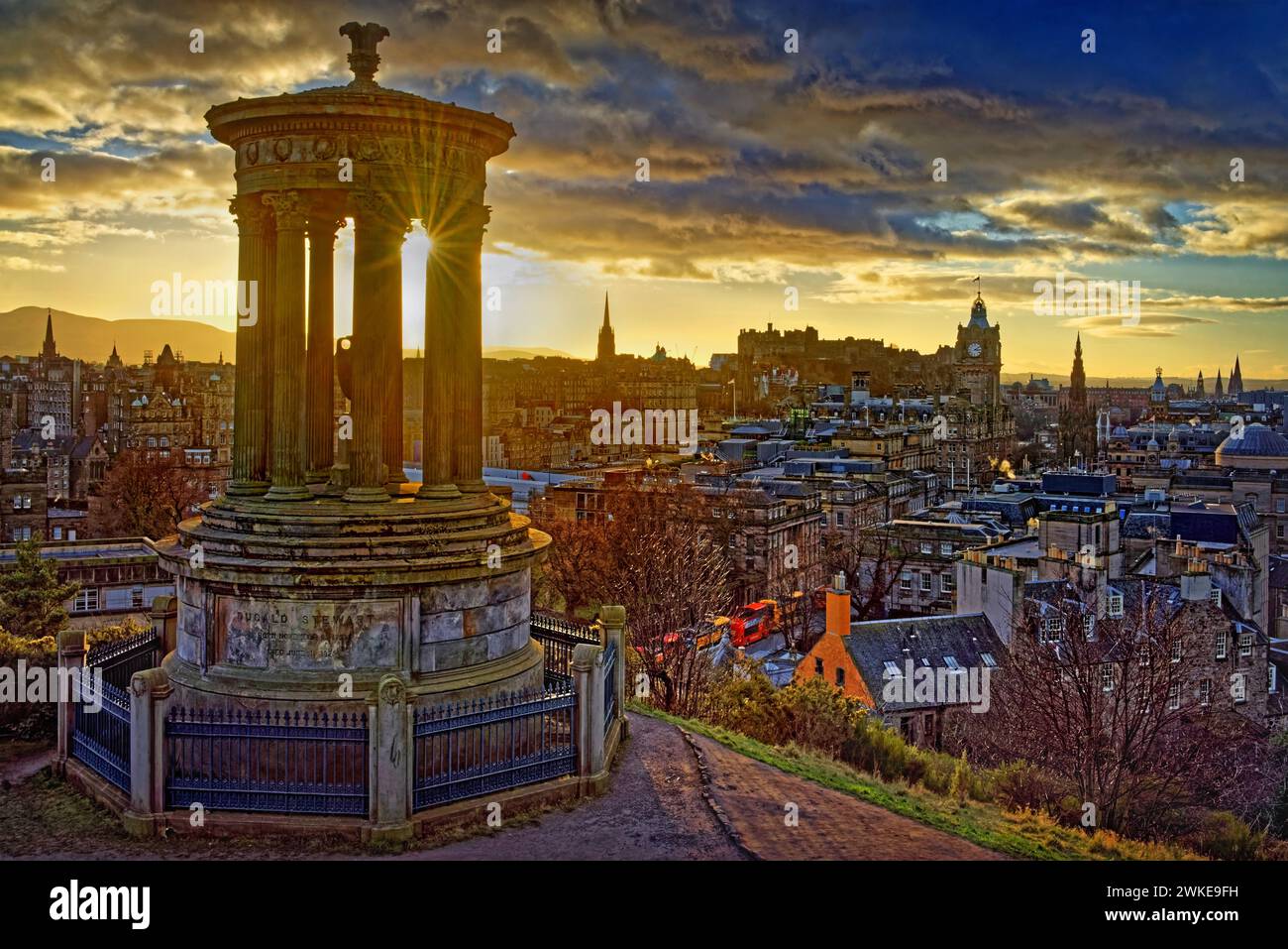 UK, Scotland, Edinburgh, Calton Hill, Dugald Stewart Monument and ...